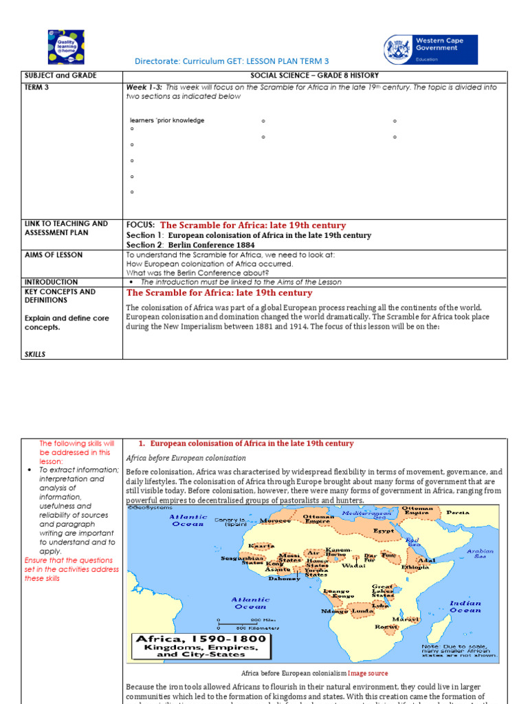 Lesson Plan Grade 8 SS History T3 W1-3 | PDF | Colonialism | Africa