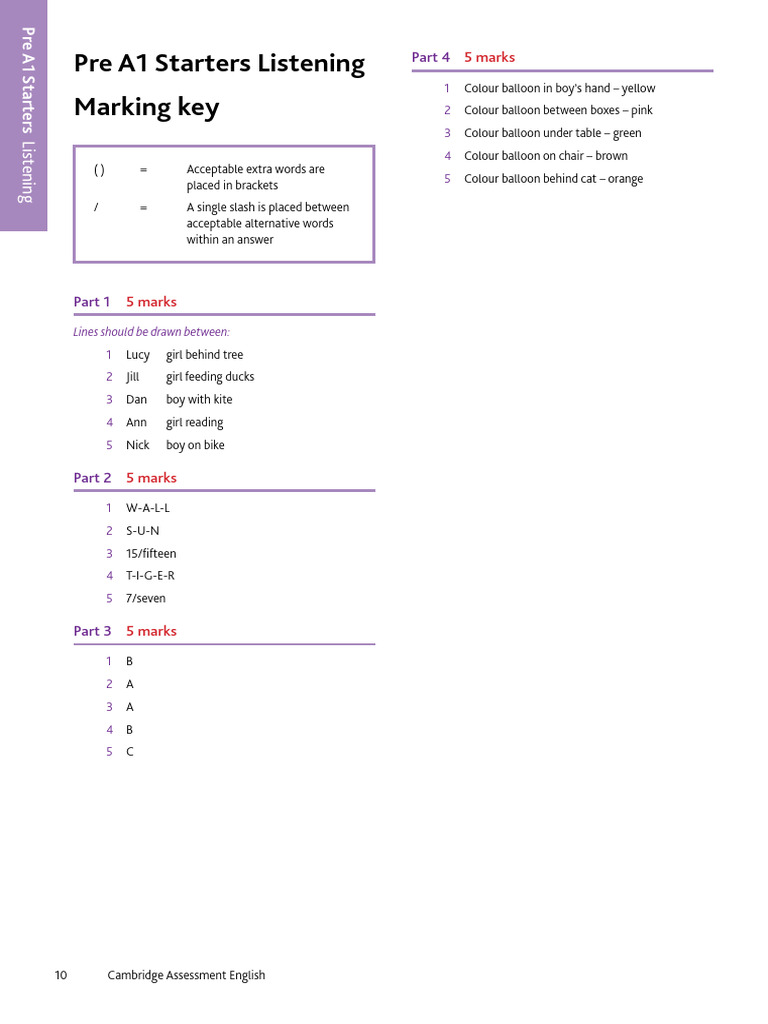 Starters Entrance Test-Answer Key | PDF