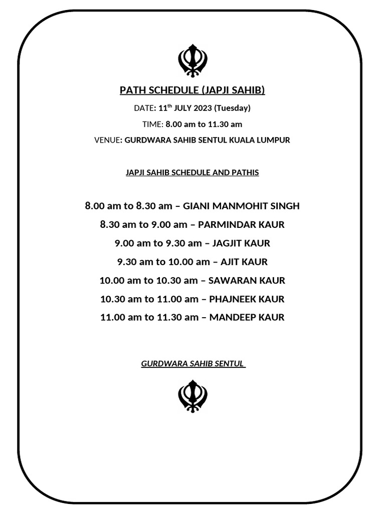 Path Schedule - Japji Sahib | PDF