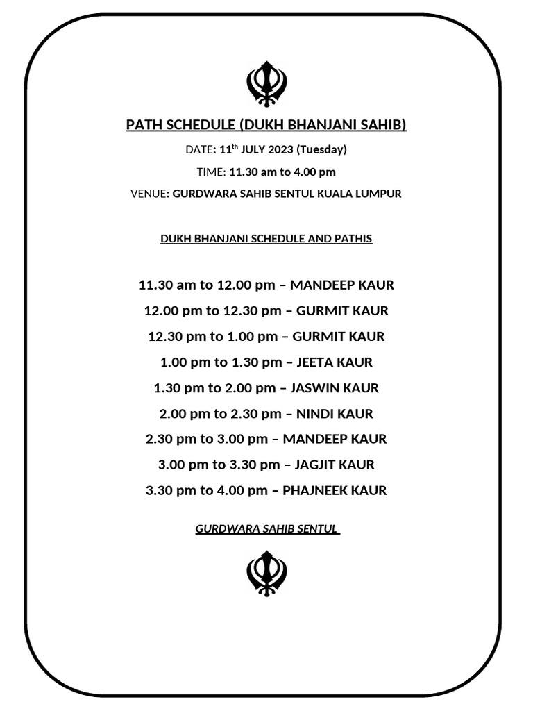 Dukh Bhanjani Sahib Path Schedule | PDF | Art | Religion & Spirituality