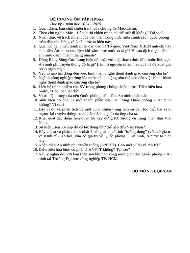 Đề Cương Ôn Tập HP1&2 | PDF