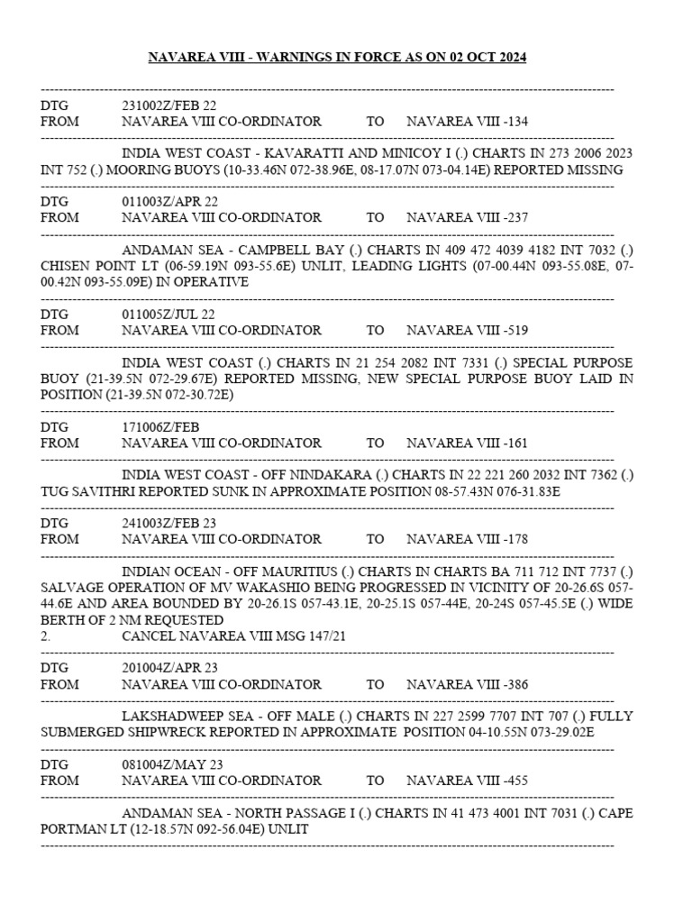 Navarea Warnings in Force | PDF | Ships | Earth Sciences