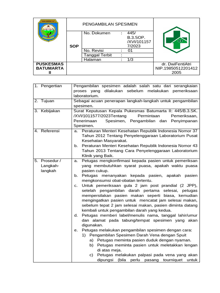 Sop Pengambilan Spesimen | PDF