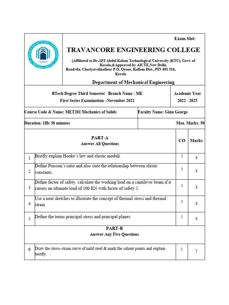 Mechanics of Solids Exam Paper 2022 | PDF | Young's Modulus | Classical ...