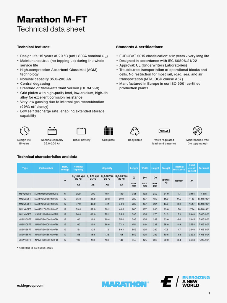 Exide Marathon M-FT Datasheet | PDF | Electricity | Galvanic Cells