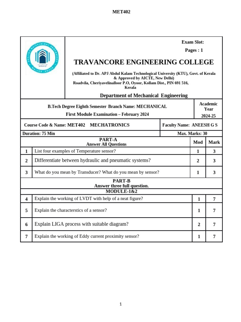 Copy of MECHATRONICS module exam | PDF Copy of MECHATRONICS module exam | PDF