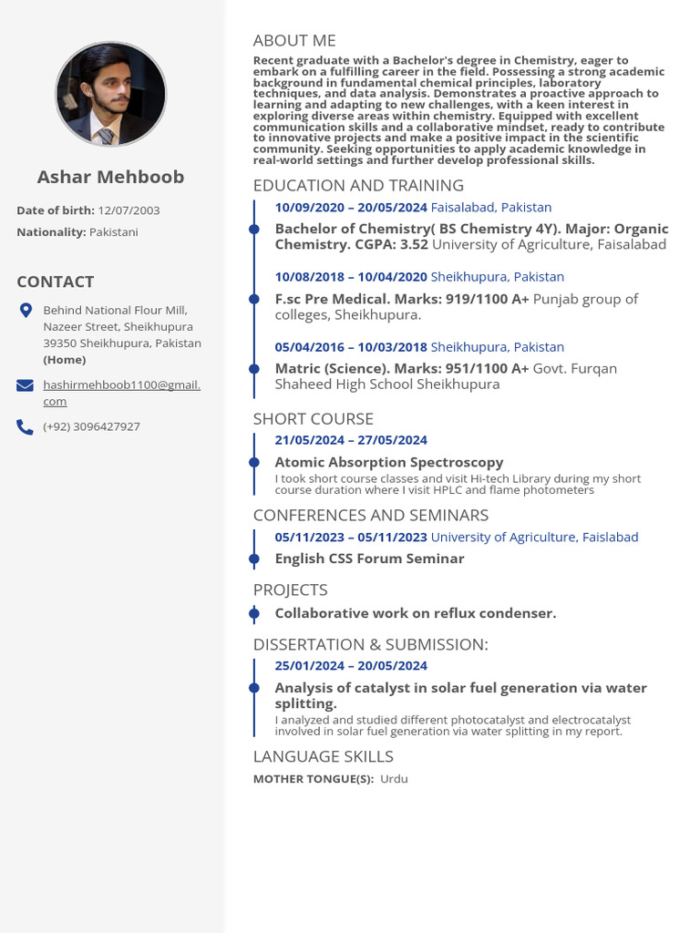 Ashar Mehboob CV | PDF | Chemistry | Physical Sciences