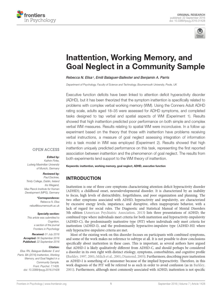 Inattention Working Memory and Goal Neglect in A C | PDF | Attention ...