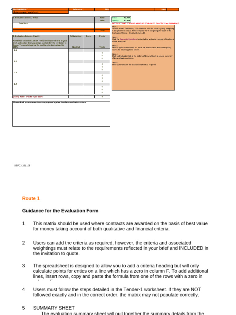 Route 1 - Evaluation Process & Guidance Template Document (Turn Into R1 Workbook) - 0 | PDF ...