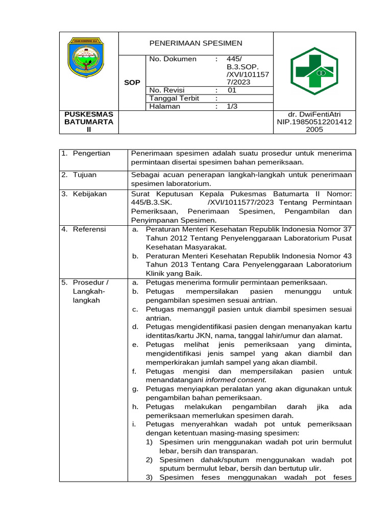 Sop Penerimaan Spesimen | PDF