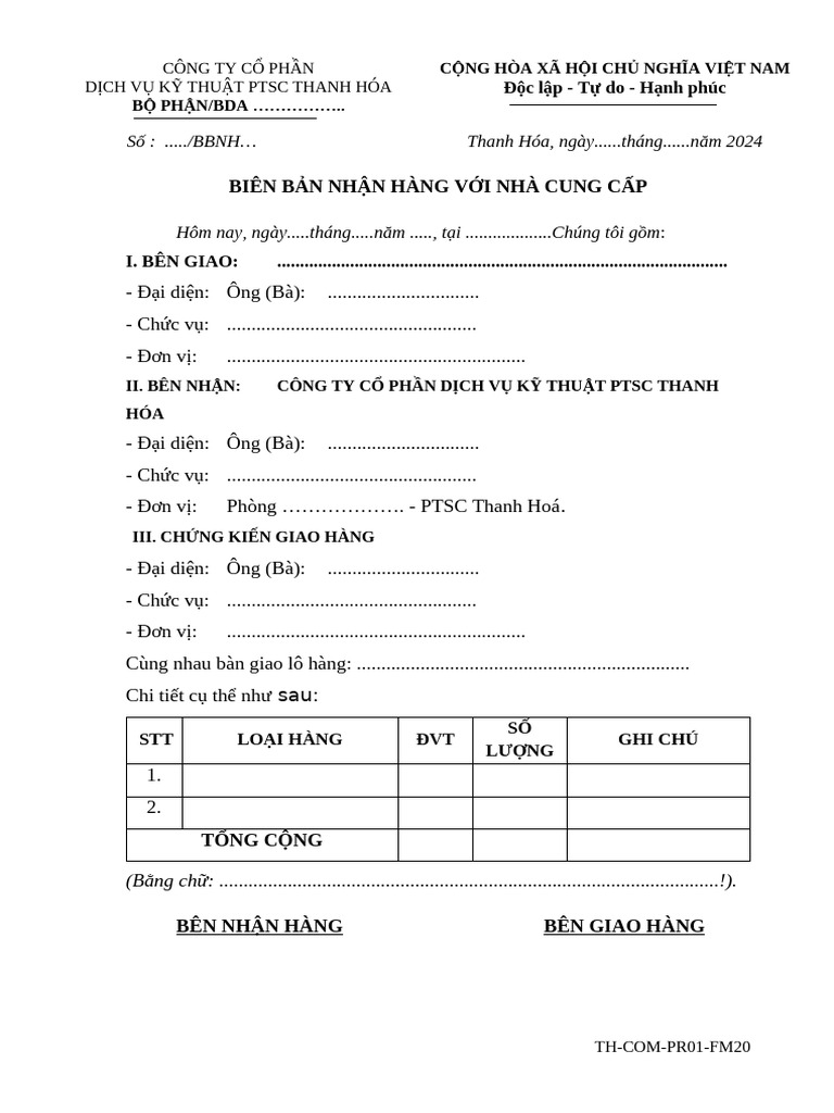 TH COM PR01 FM20 Bien Ban Nhan Hang Voi Nha Cung Cap | PDF