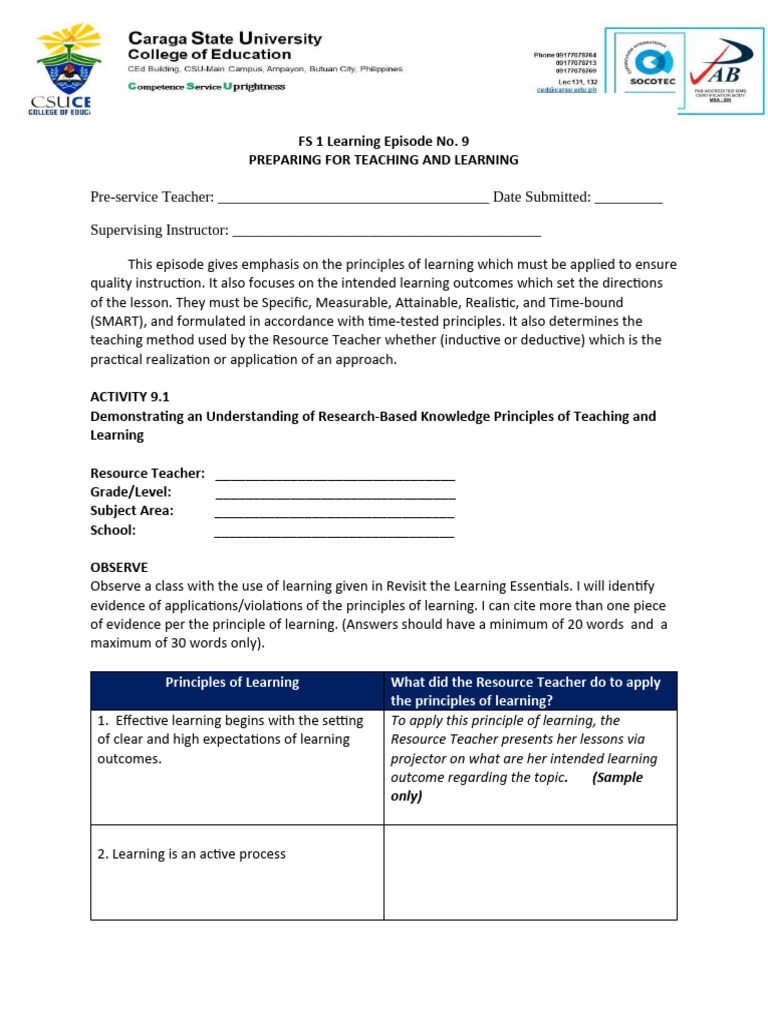 FS 1 Learning Episode 9 | PDF | Learning | Teachers