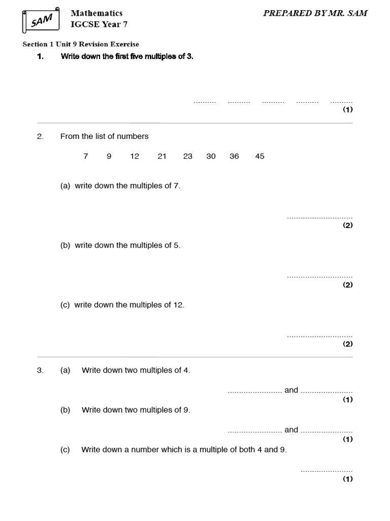 Section 1 Unit 9 Revision Exercise Pdf