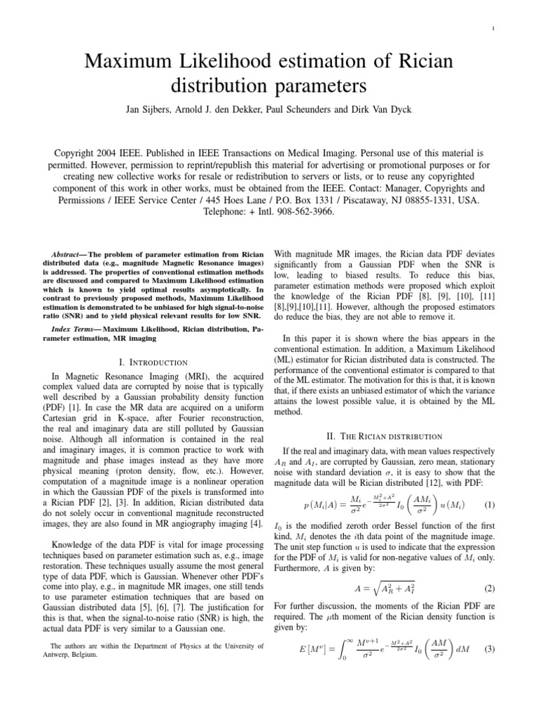Maximum Likelihood Estimation of Rician Distribution Parameters | PDF ...