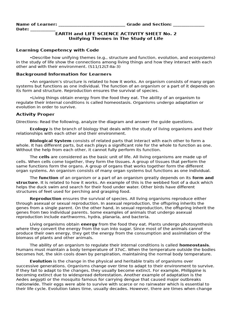 EARTH & LIFE SCIENCE Learning Activity Sheets No. 2 - Q2 Unifying ...