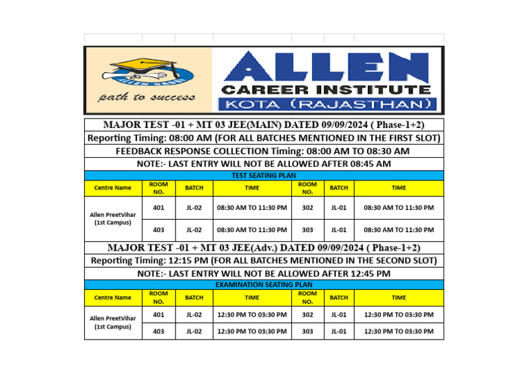 JEE Exam Schedule for Allen Students | PDF