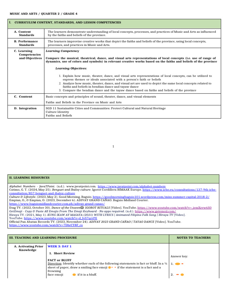 Q2 - LE - Music and Arts 4 - Lesson 3 - Week 3-4 | PDF | Dances | Learning