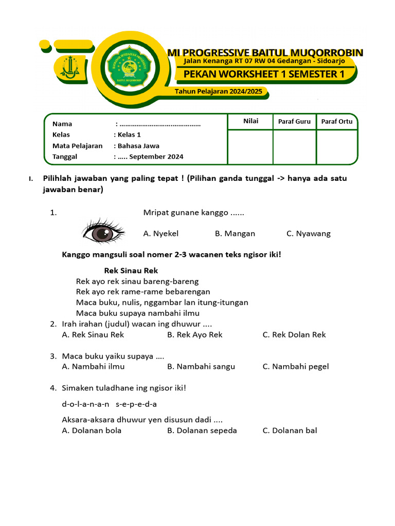 WR BAHASA JAWA KELAS 1 SMT 1 | PDF