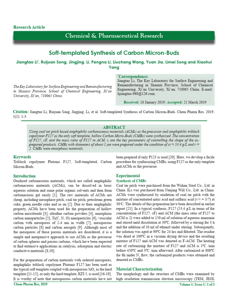 Soft-Templated Synthesis of Carbon Micron-Buds | PDF | Carbon Nanotube ...