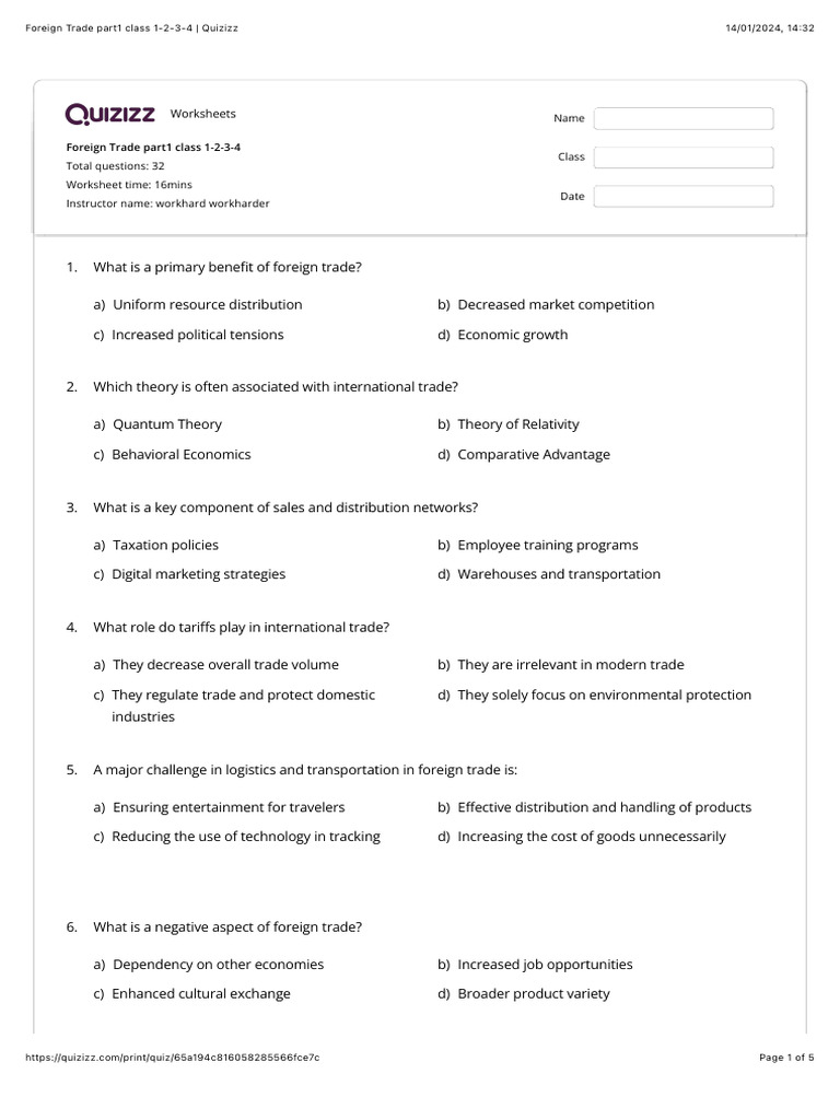 Foreign Trade Quiz for Classes 1-4 | PDF | International Trade | Transport