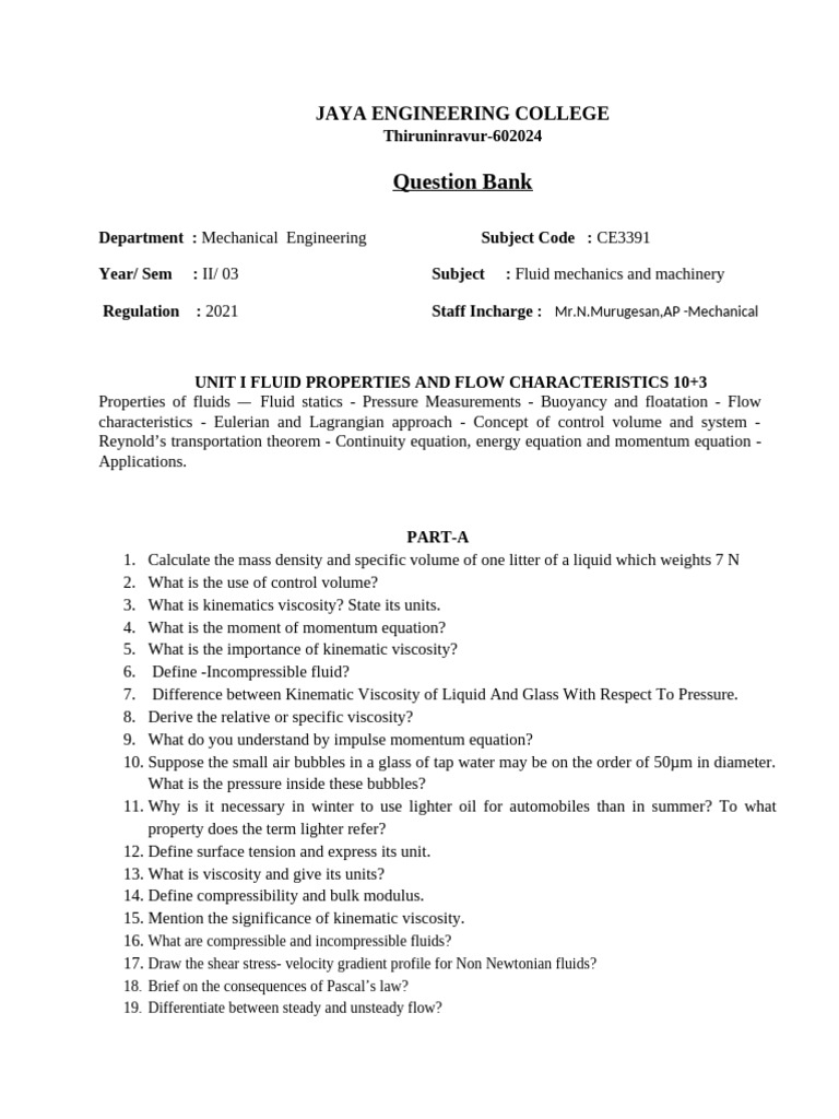 QB Fluid Mechanics and Machinery Question Bank Jsec Karthick | PDF ...