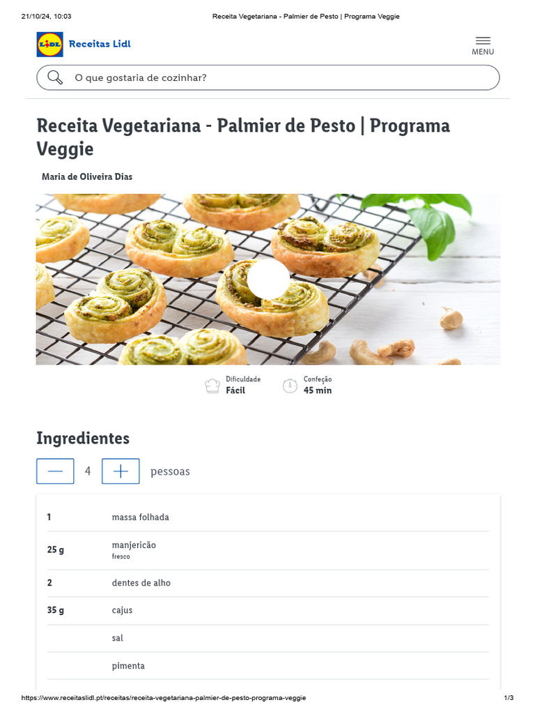 Receita Vegetariana - Palmier de Pesto - Programa Veggie | PDF | Vegetarianismo | Pesto