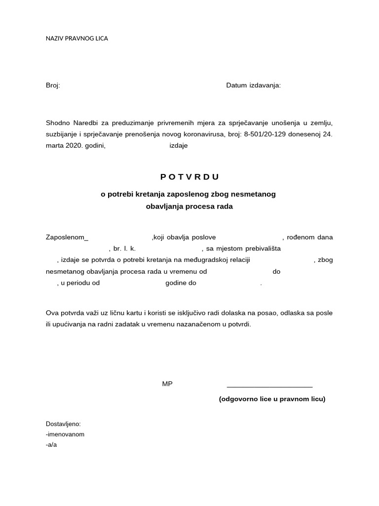 Potvrda Za Kretanje Lica | PDF