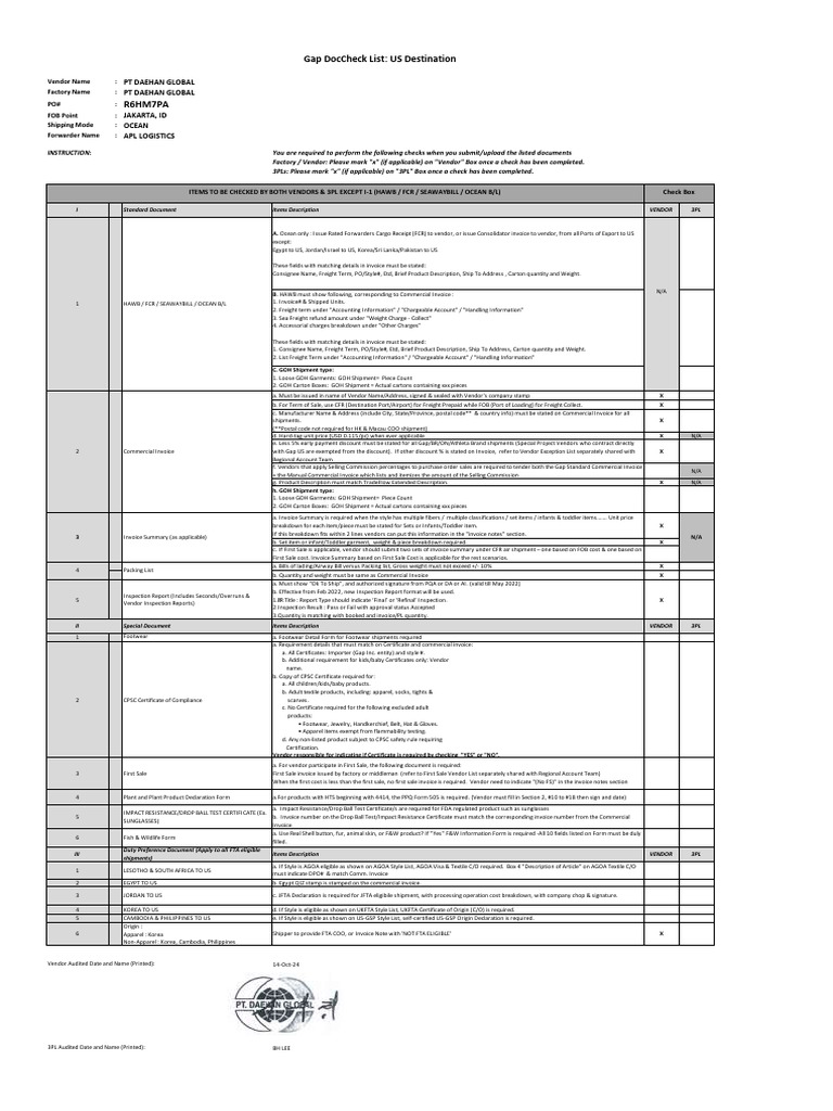 Vendor Shipping Document Checklist | PDF | Cargo | Invoice