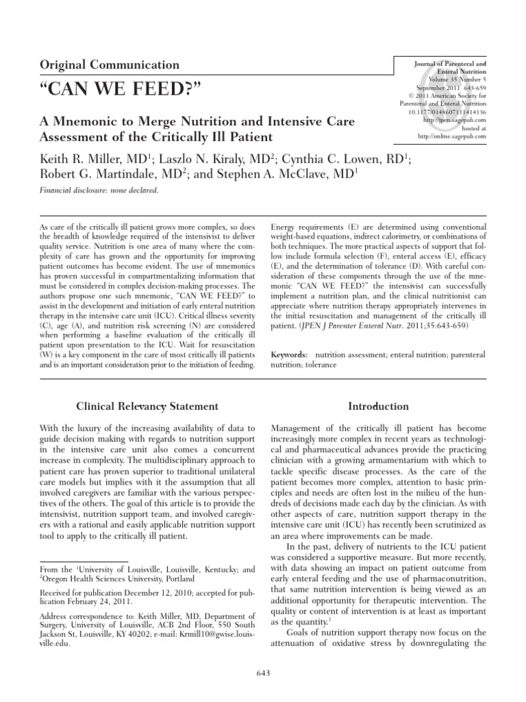 J Parenter Enteral Nutr - 2011 - Miller - CAN WE FEED A Mnemonic To ...