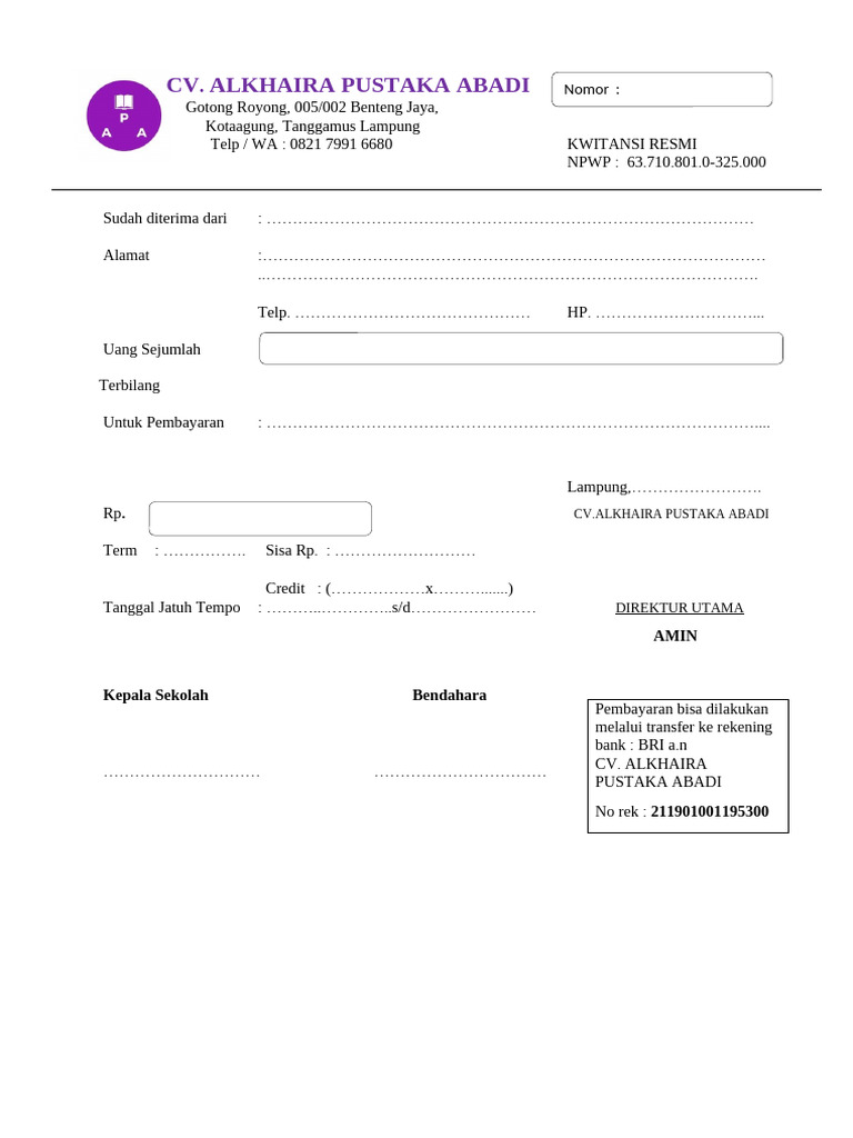 Kwitansi Resmi CV. Alkhaira Pustaka Abadi | PDF