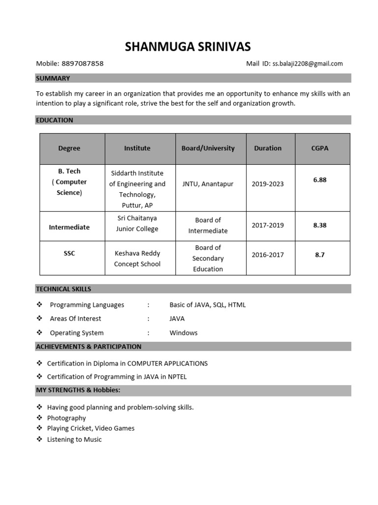 Shanmuga Srinivas Resume - Fresher - 2023 | PDF | Computing | Computer Science