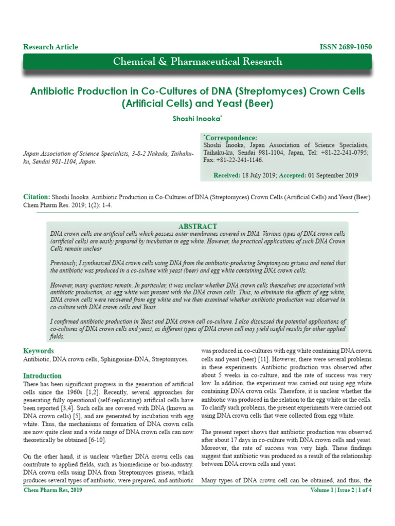 Antibiotic Production in Co-Cultures of DNA (Streptomyces) Crown Cells ...