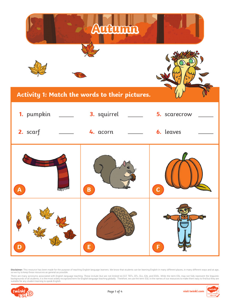 T 1722510745 Esl Autumn Activity Sheet Kids A1 A2 - Ver - 1 | PDF ...