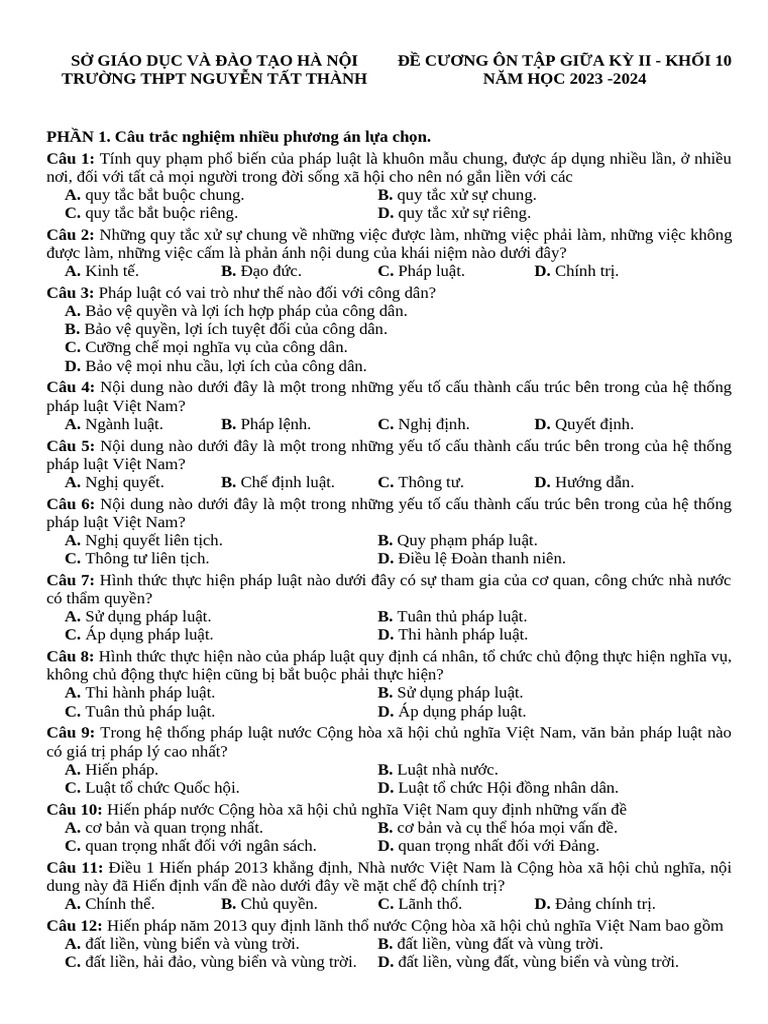 Đề Cương Giữa Hkii Ktpl 10 | PDF