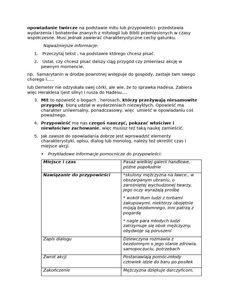 Opowiadanie Twórcze Na Podstawie Mitu Lub Przypowieści | PDF