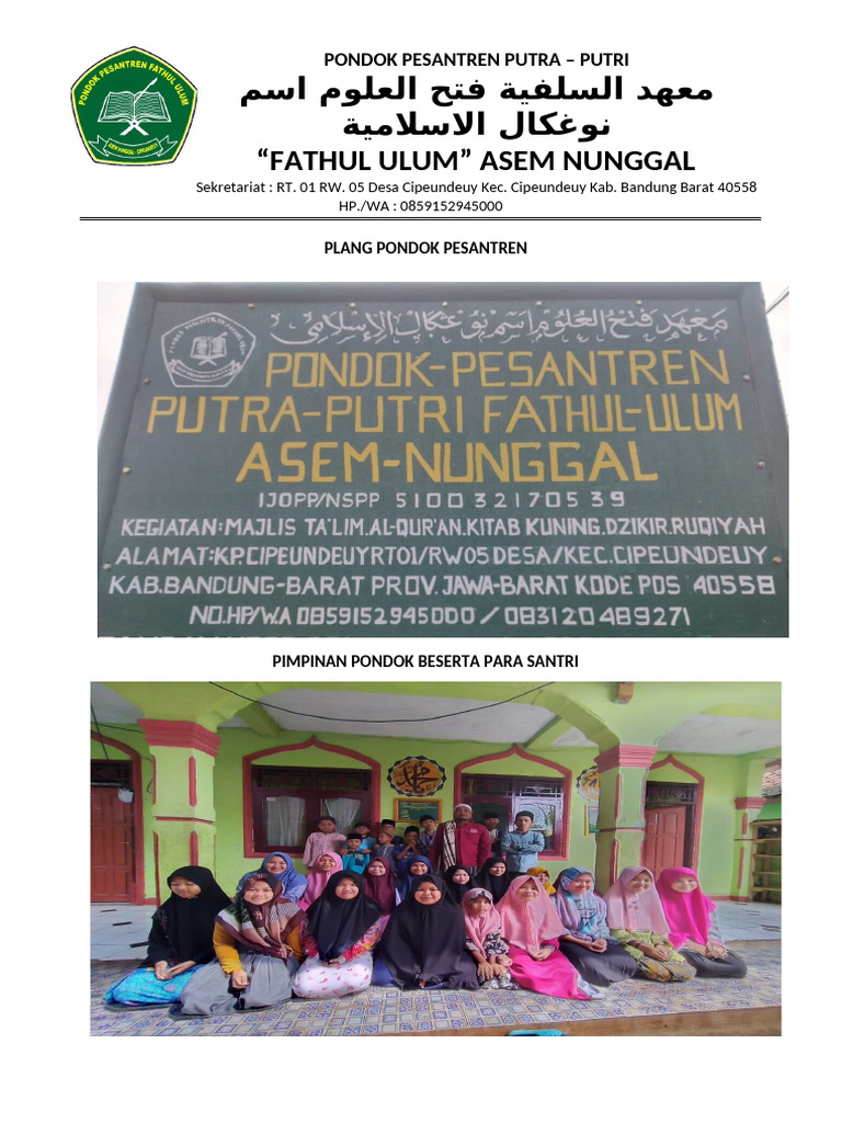 Plang Pondok Pesantren Fathul Ulum | PDF | Wellness | Science & Mathematics