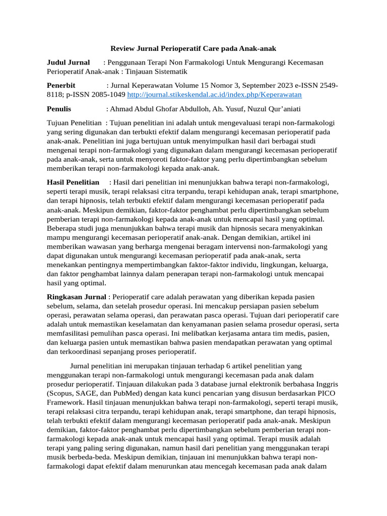 Review Jurnal Perioperatif Care Pada Anak | PDF