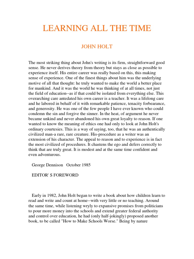 John Holt - Learning All The Time | PDF | Phonics | Reading (Process)