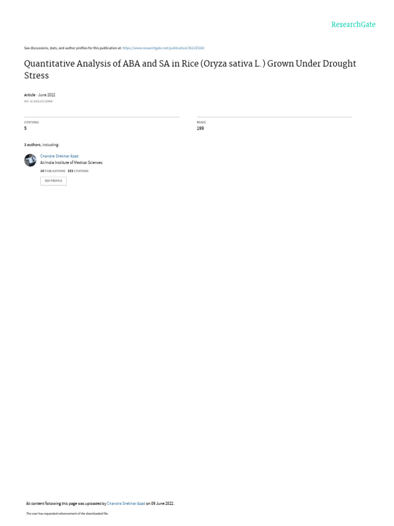 Quantitative Analysis of ABA and SA in Rice (Oryza Sativa L.) Grown Under Drought Stress | PDF ...