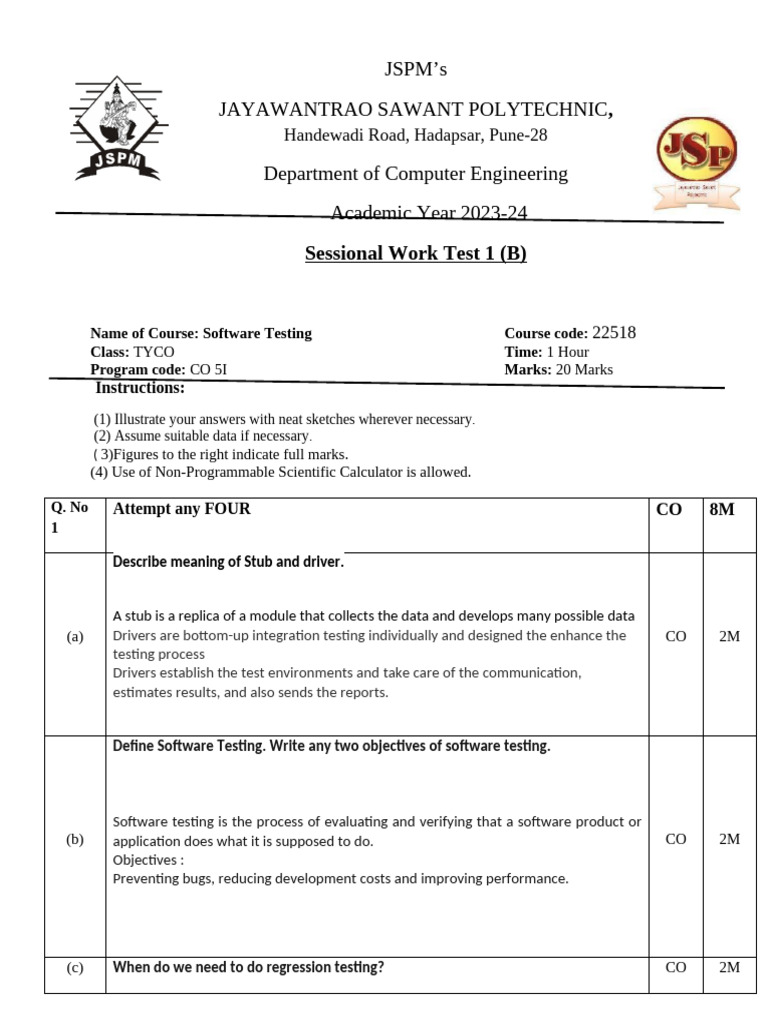Model Answer-SWT - 1 STE QP SET - B | PDF | Software Testing ...