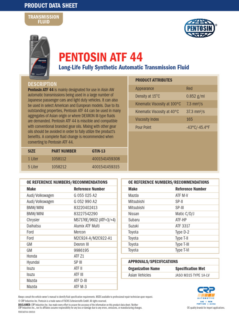 Pentosin Product Data Sheet Transmission Fluid ATF 44 | PDF | Vehicle Industry | Land Vehicles
