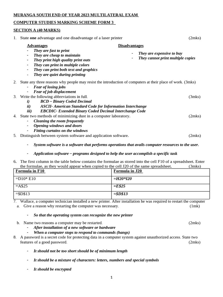 Computer Studies f3t3 Pp1 Ms | PDF | Computer Data Storage | System