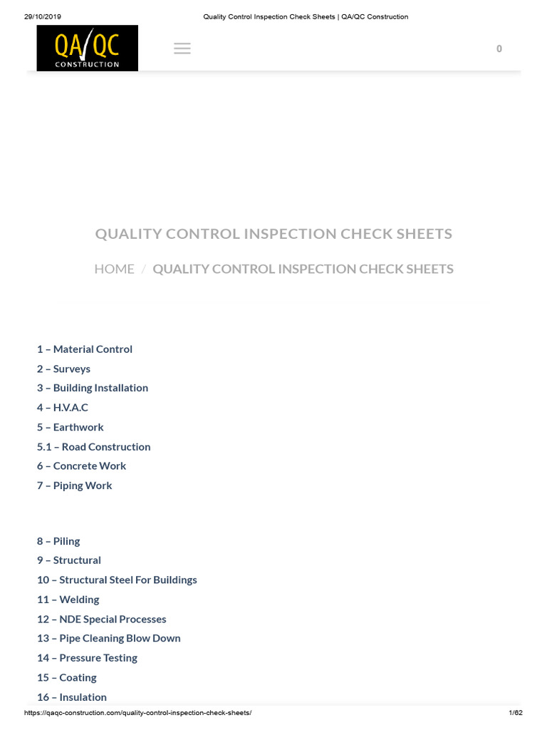 Quality Control Inspection Check Sheets _ QA_QC Construction | PDF | Concrete | Pressure Measurement