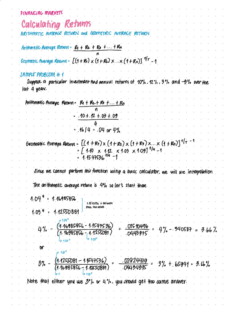Calculating Returns - Arithmetic Average and Geometric Average Return | PDF