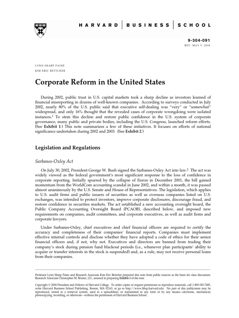 Corporate Reform in The United States - Case - Indus | PDF | Sarbanes ...