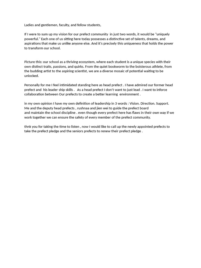 Head Prefect Speech | PDF | Career & Growth | Religion & Spirituality
