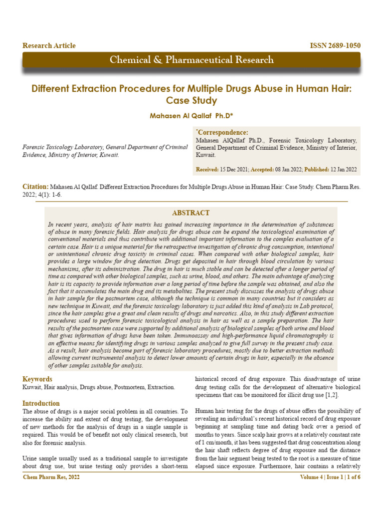 Different Extraction Procedures For Multiple Drugs Abuse in Human Hair ...