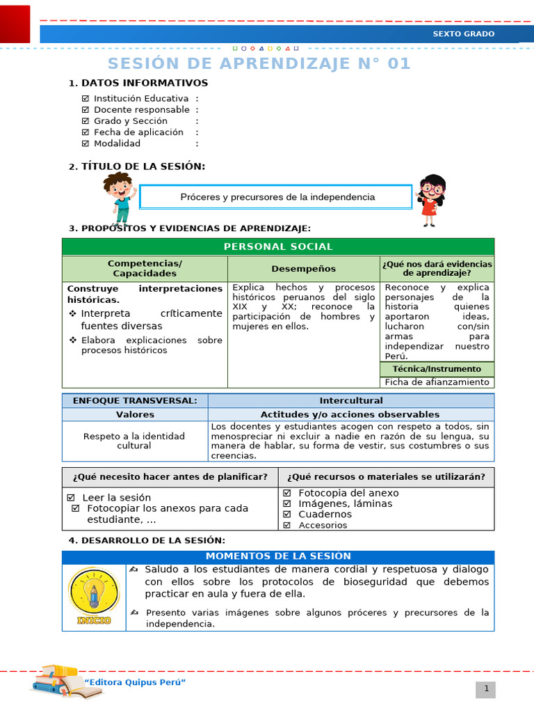 Parte 1 - Sesiones de Aprendizaje - Experiencia de Aprendizaje V - Editora Quipus Perú | PDF ...