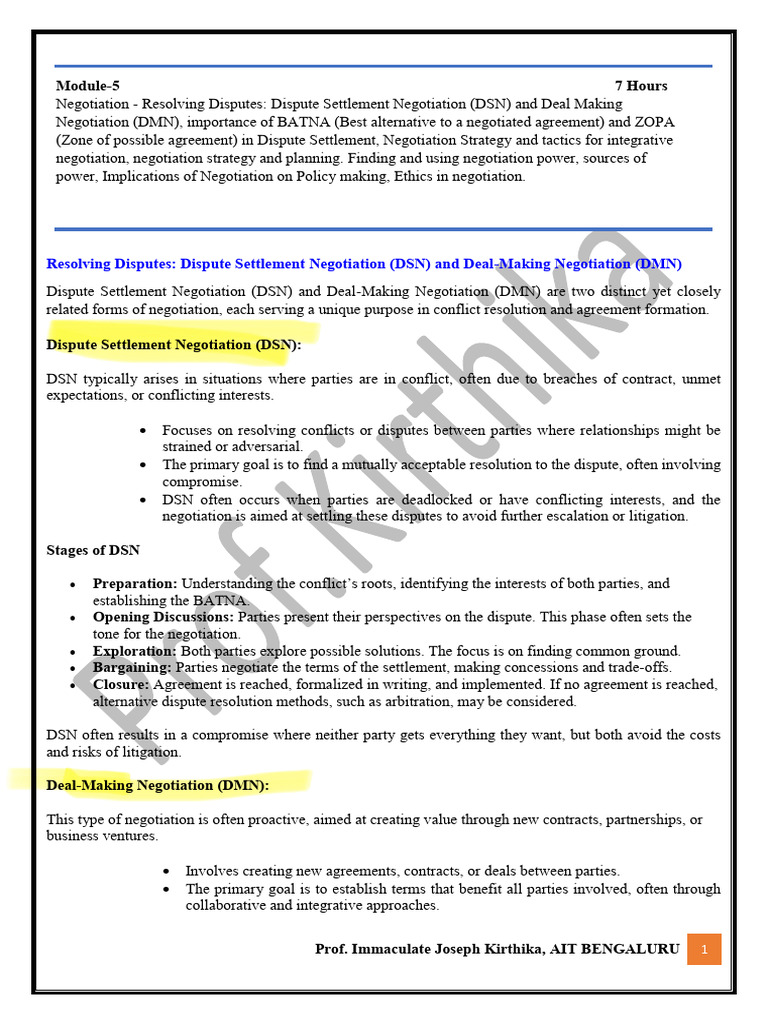 Module 5 - Negotiation - Resolving Disputes - Lecture Notes | PDF ...