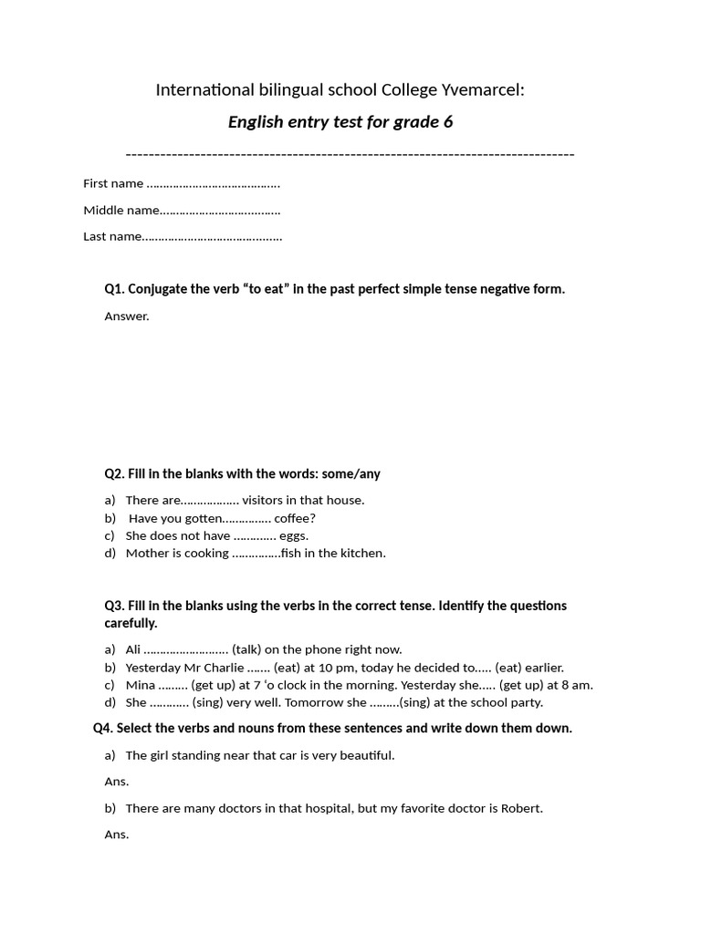 Grade 6 English Entry Test Sample | PDF